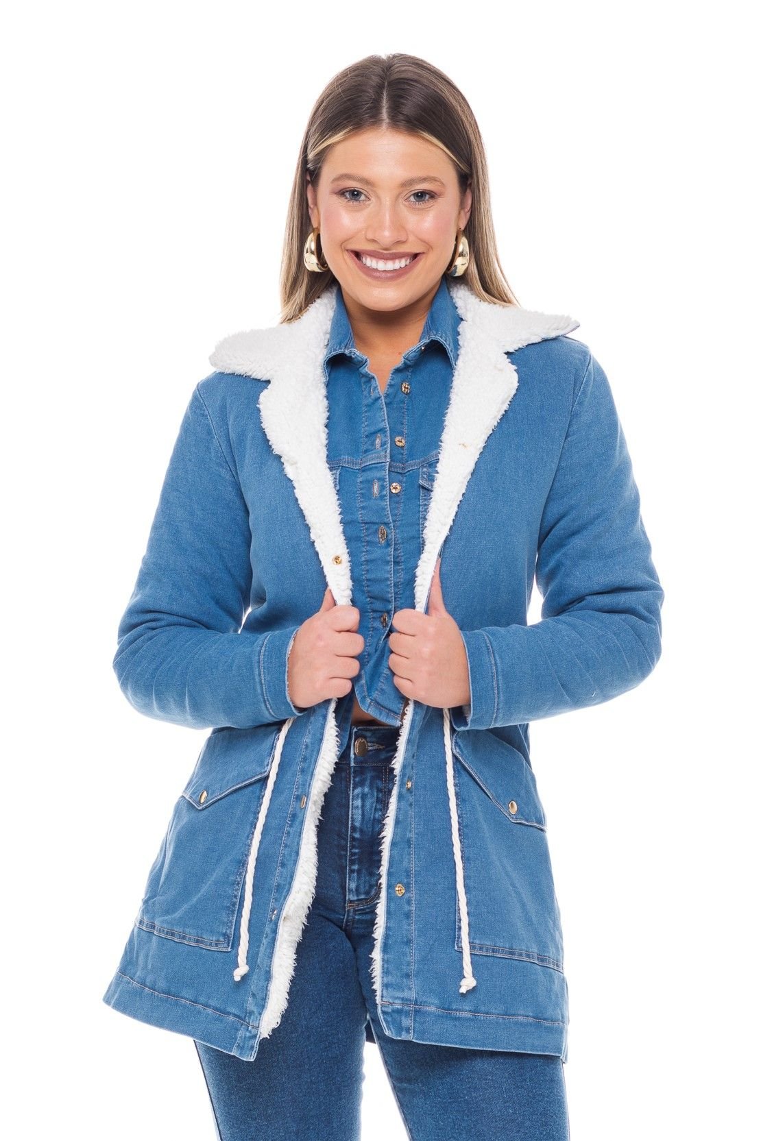 Parka Jeans Forrada com Pelo Jeans Claro - Geração Moderna