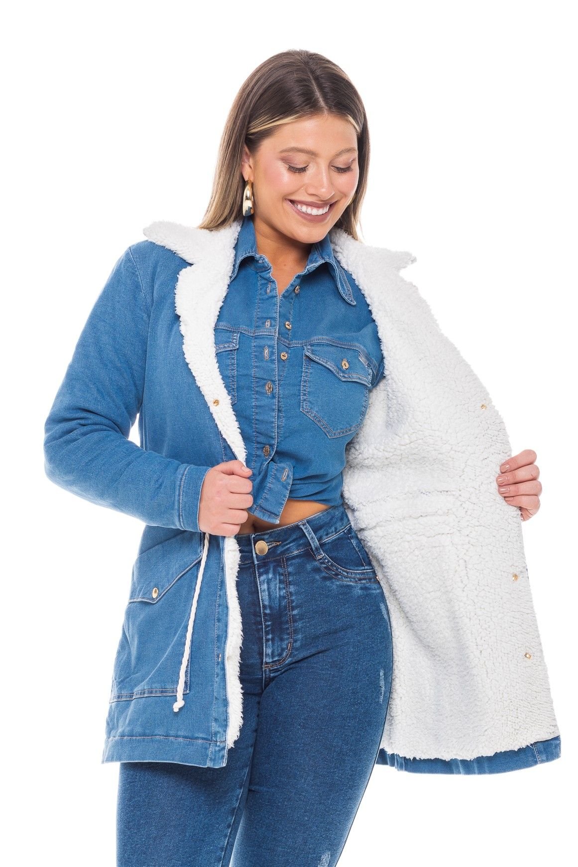 Parka Jeans Forrada com Pelo Jeans Claro - Geração Moderna