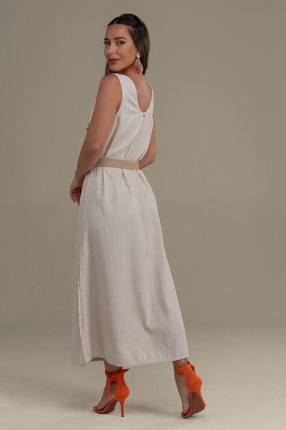 VESTIDO MIDI DE LINHO - Linho Cru
