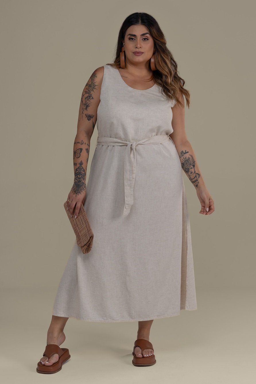 VESTIDO MIDI DE LINHO - Linho Cru
